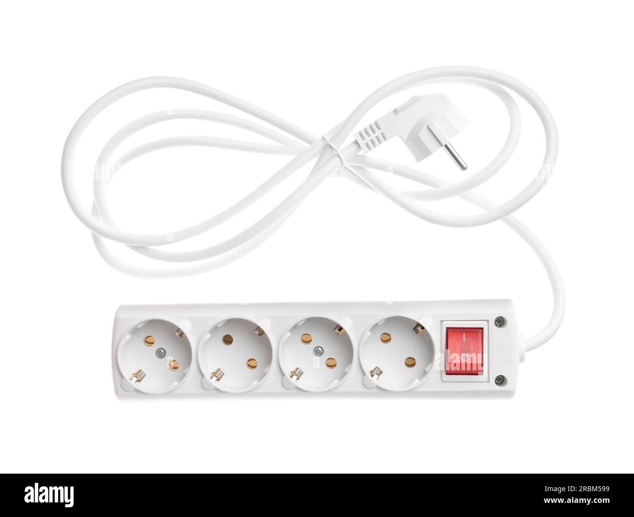Power strip with extension cord on white background, top view ...