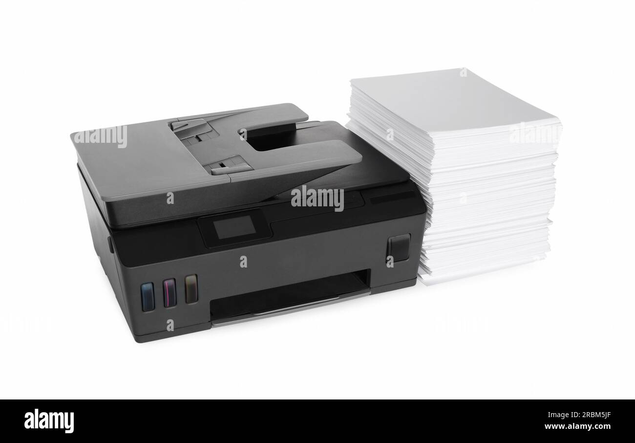 Modern printer and stack of paper on white background Stock Photo - Alamy