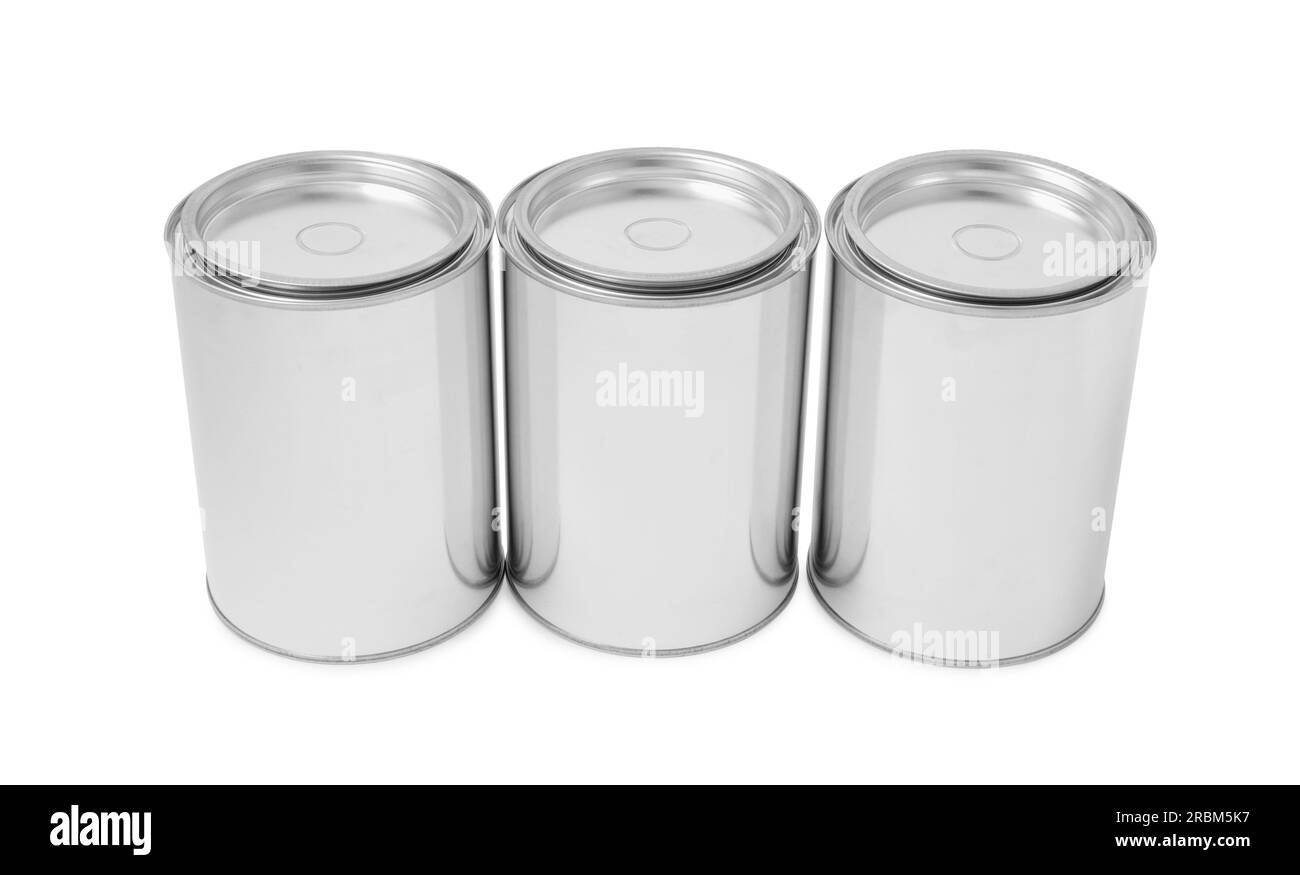 Many cans of paints on white background Stock Photo - Alamy