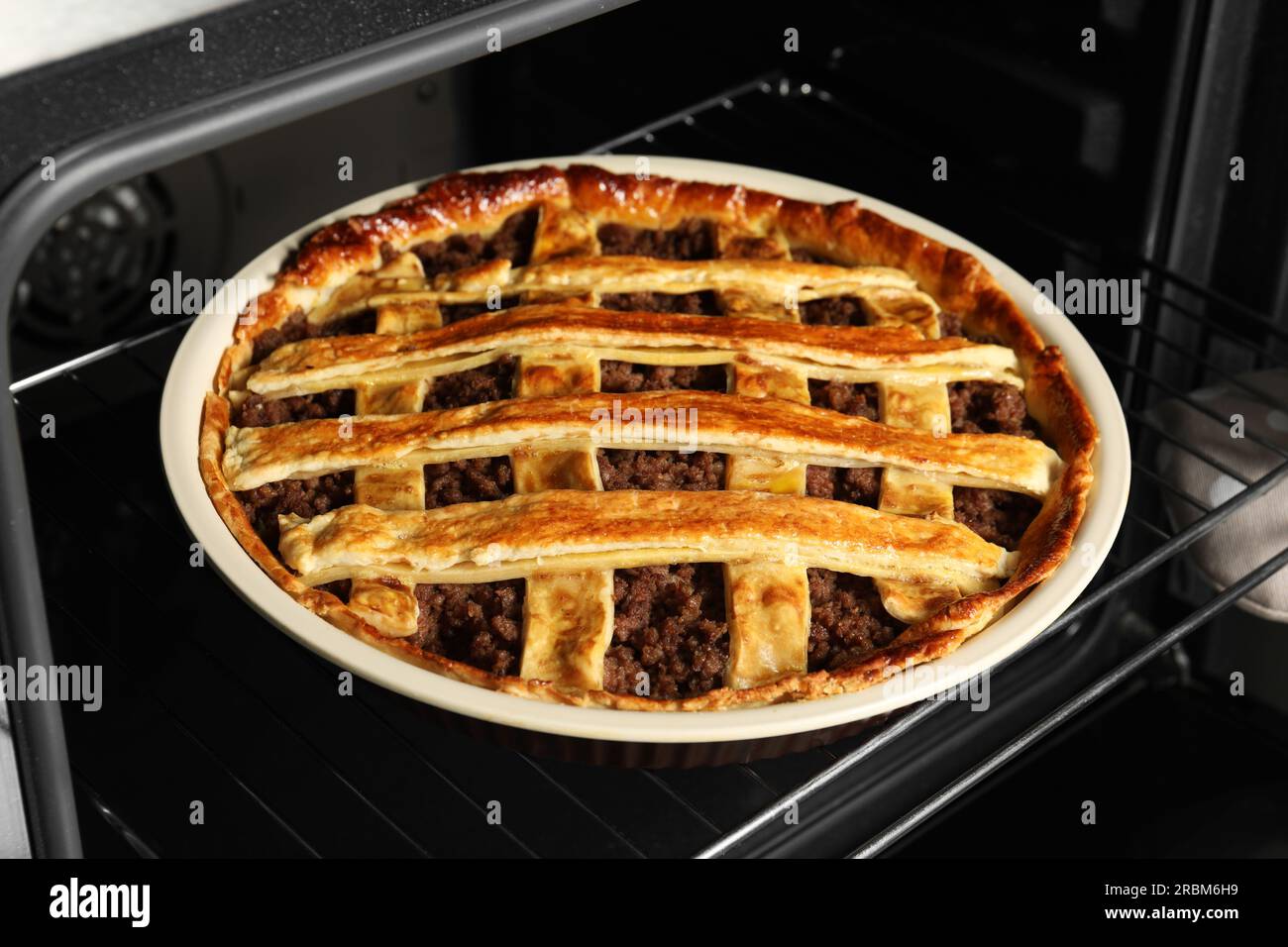 Delicious meat pie in oven, closeup view Stock Photo - Alamy