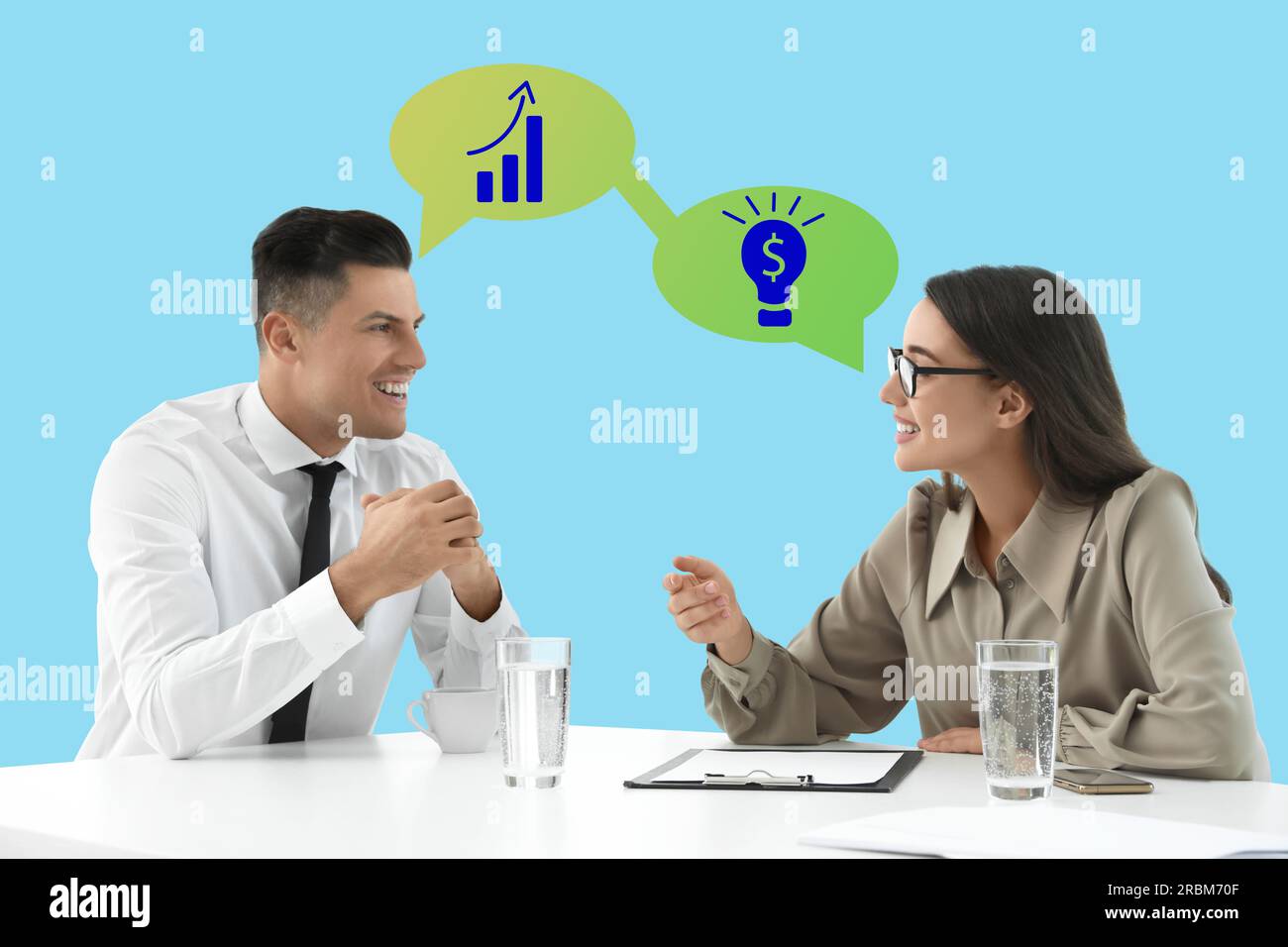 Office employees talking at table during meeting. Dialogue illustration ...