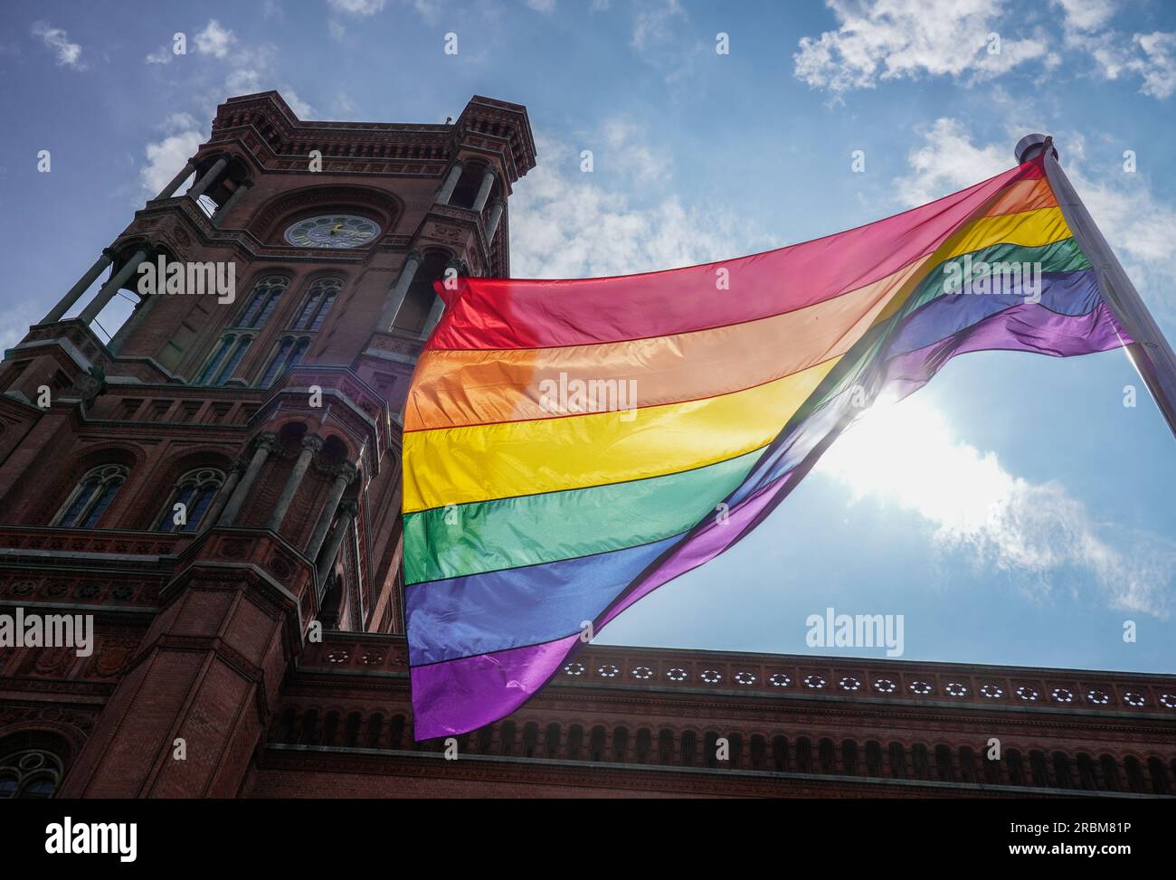 Berlin, Germany. 10th July, 2023. One of four rainbow flags flies in ...