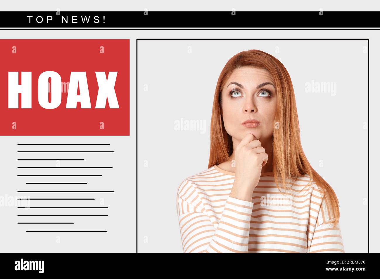 Photo of thoughtful woman and article with title Hoax in newspaper ...