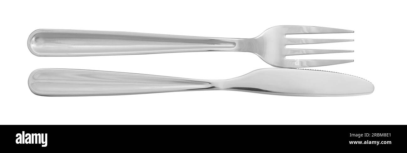 Knife and fork isolated on white, top view. Stylish shiny cutlery set ...