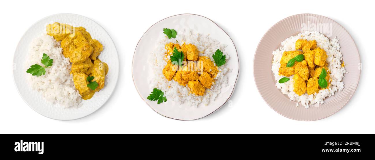 Delicious chicken curry with rice on white background, top view ...