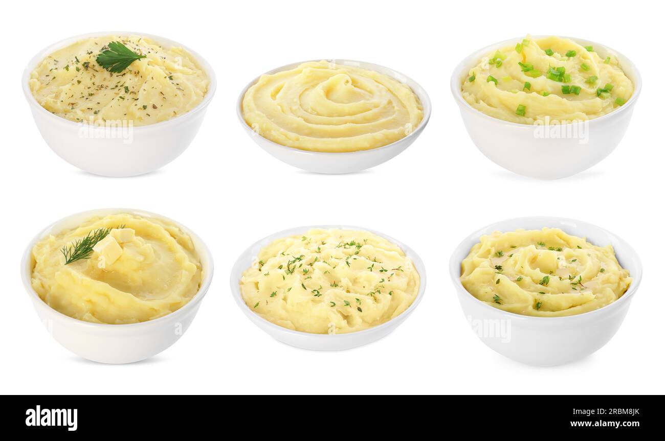 Tasty mashed potato in bowls on white background, collage Stock Photo ...