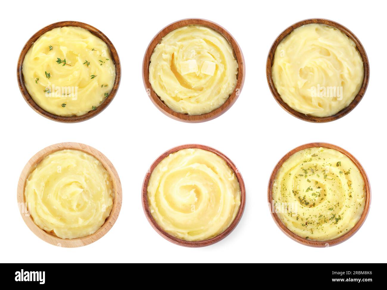 Tasty mashed potato in bowls on white background, top view. Collage ...
