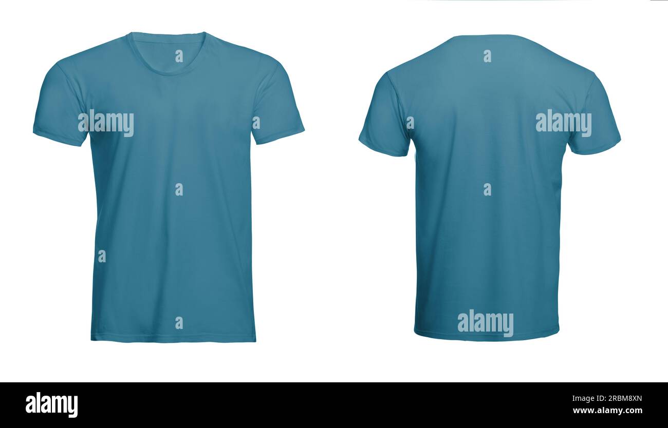 Front and back views of light blue men's t-shirt on white background ...