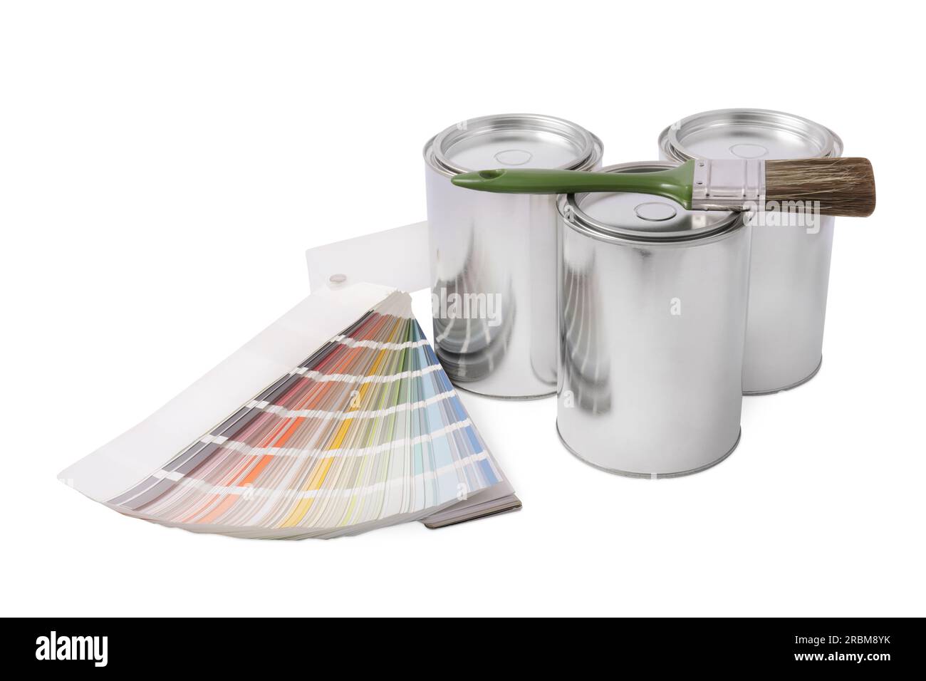 Cans of paints, brush and color palette on white background Stock Photo ...