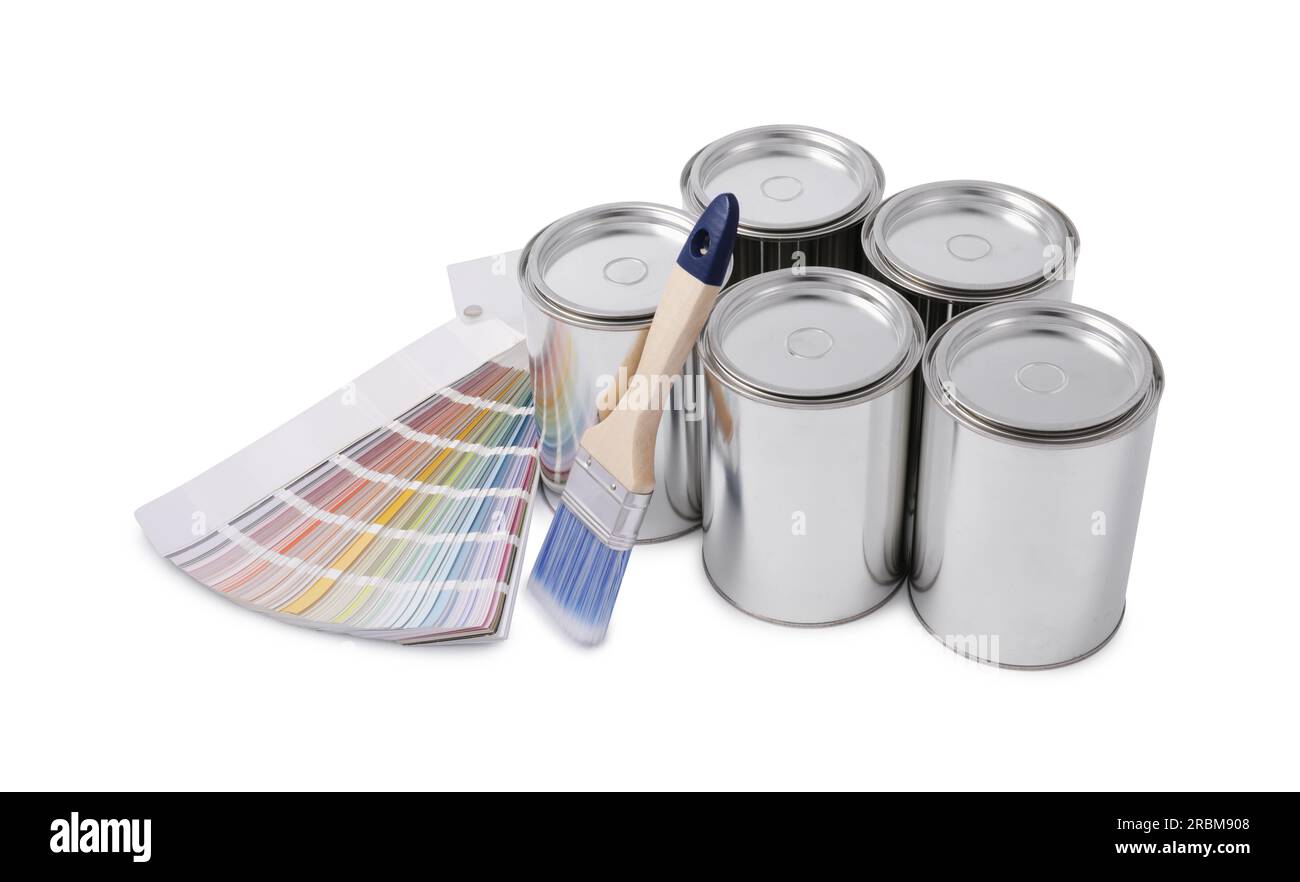 Cans of paints, brush and color palette on white background Stock Photo ...