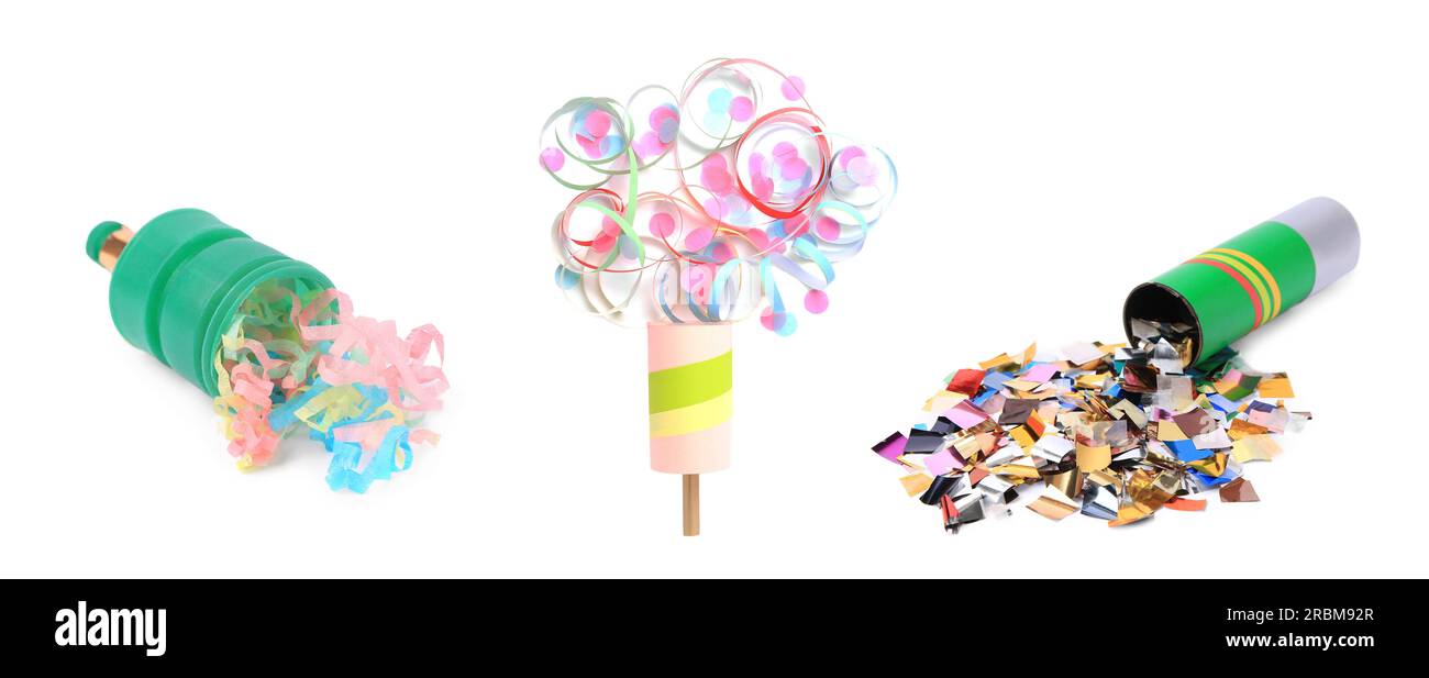 Collage with party poppers isolated on white Stock Photo - Alamy