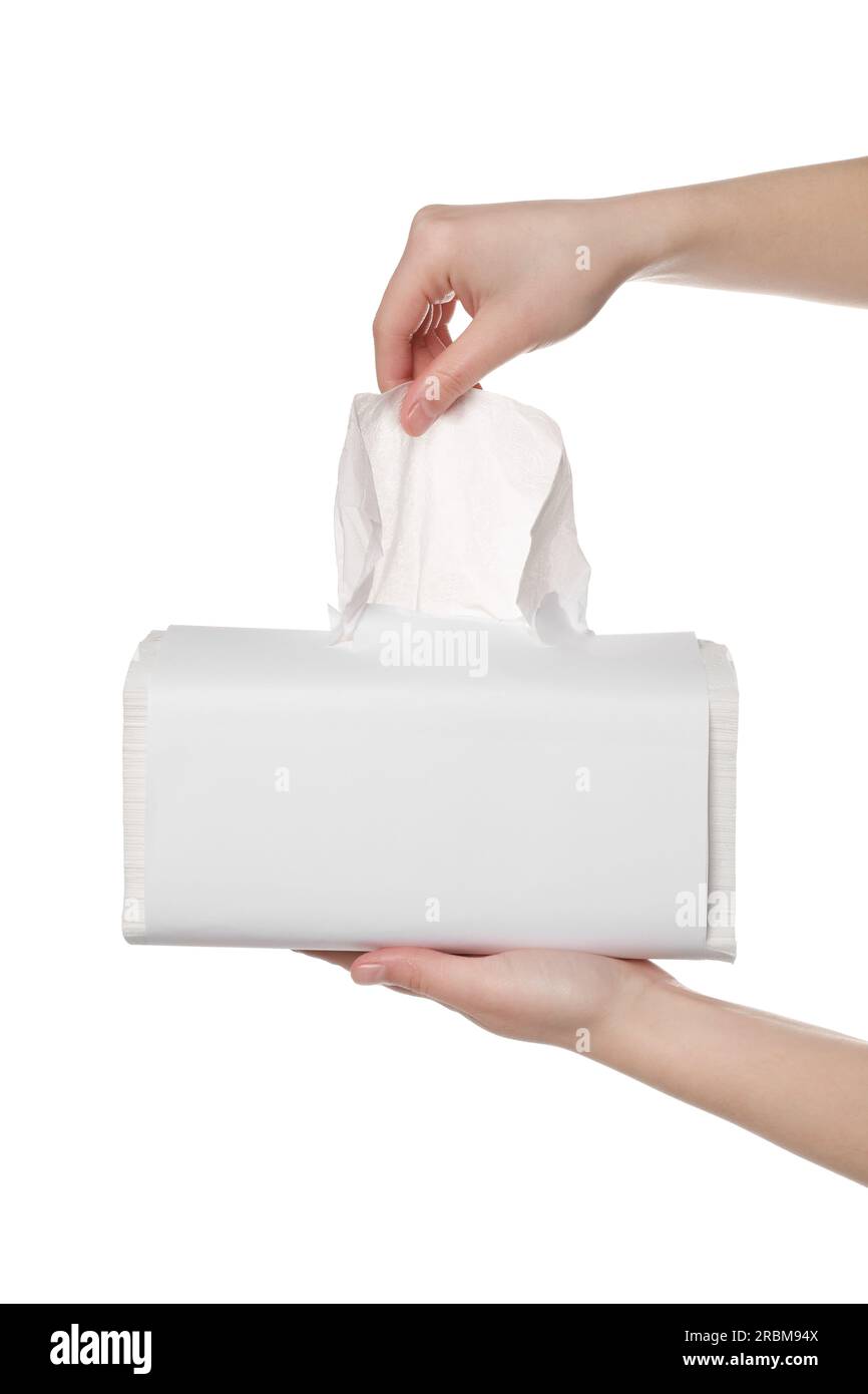Woman taking paper towel on white background, closeup Stock Photo - Alamy