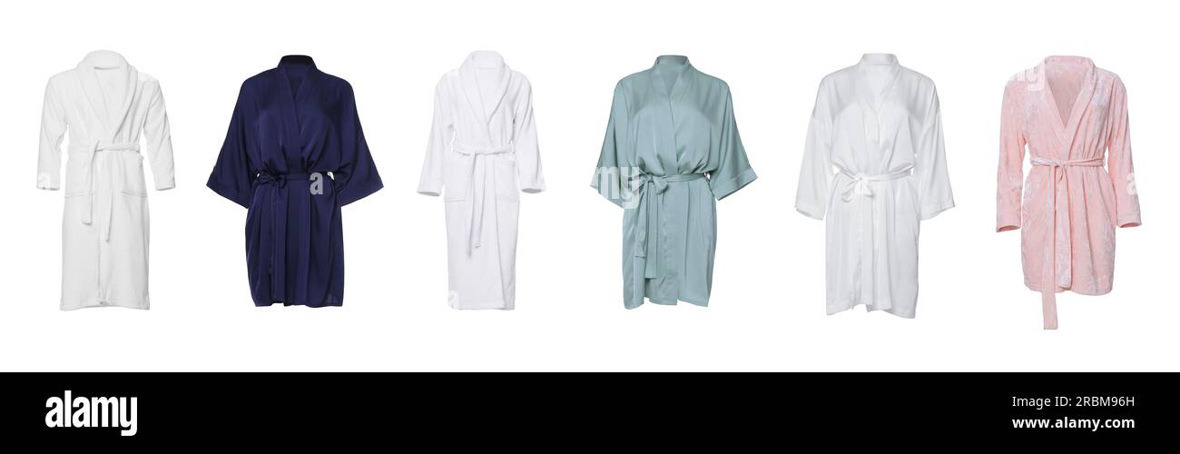 Set of different bathrobes on white background Stock Photo - Alamy