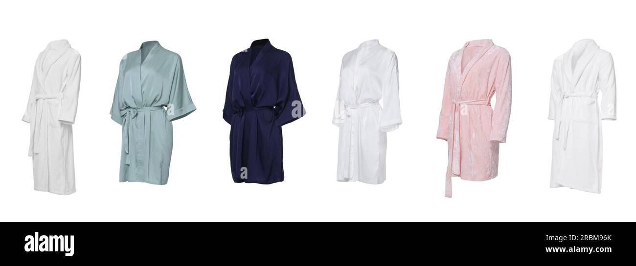 Set of different bathrobes on white background Stock Photo - Alamy