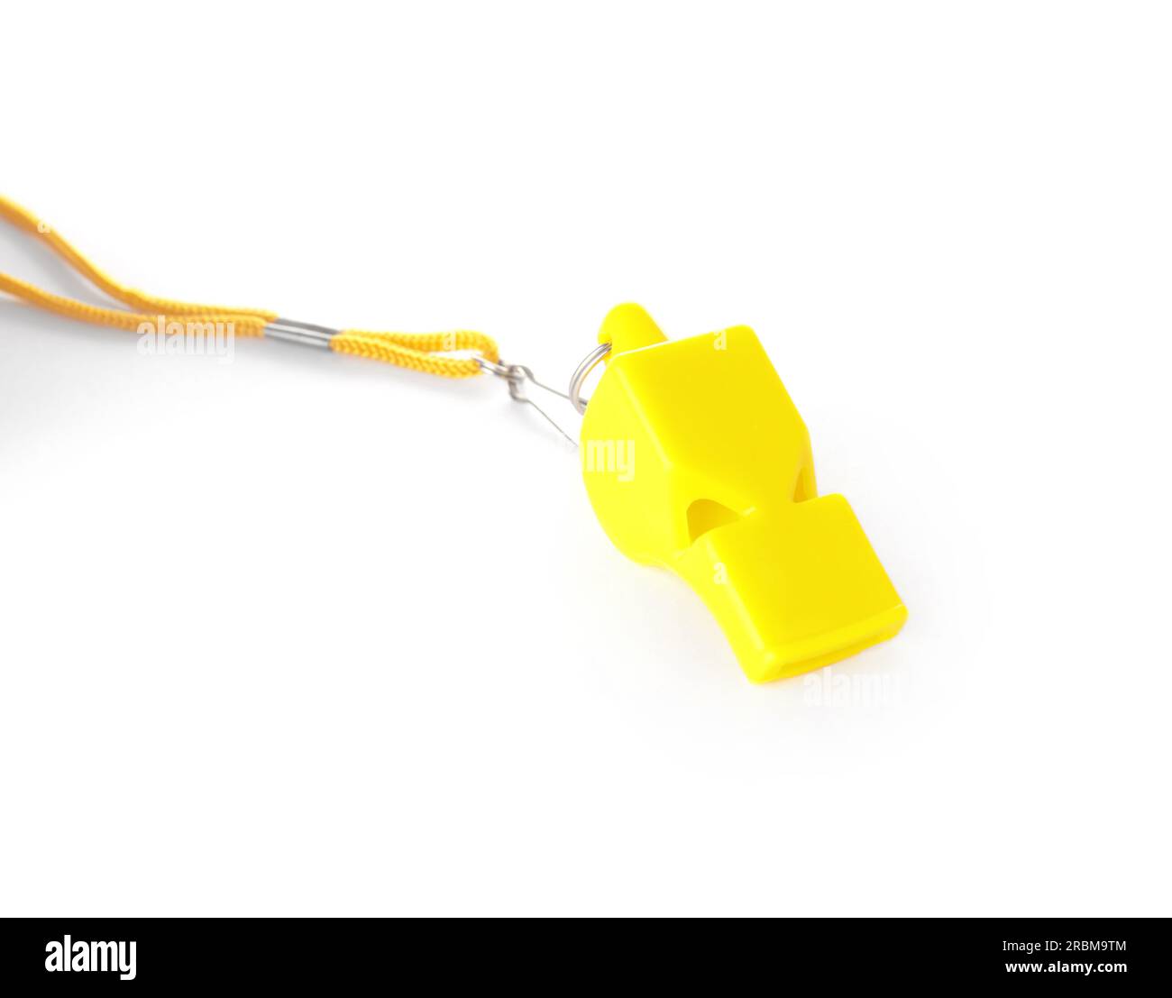 One yellow whistle with orange cord isolated on white Stock Photo - Alamy