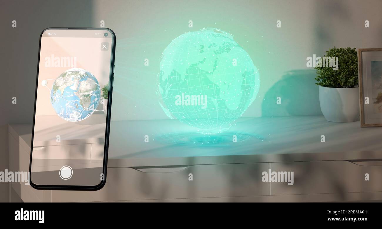 Earth planet hologram stand on table phone display augmented reality ...