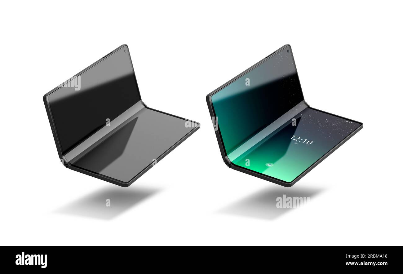 Turned on off flexible book phone display half folded mockup, 3d ...