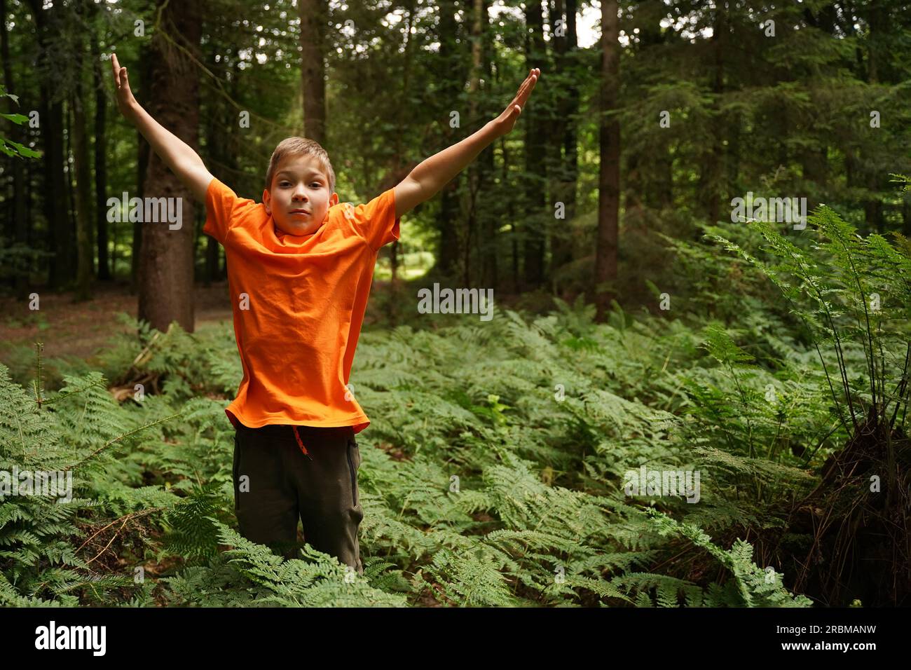 A boy jumps out of the bushes in the forest Stock Photo - Alamy