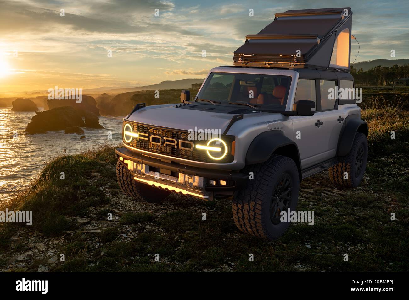 Ford Bronco Raptor in wild terrain, equipped with expedition gear and a ...