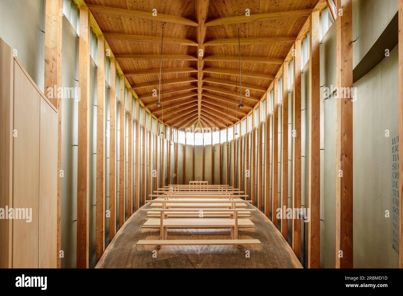 Interior of the Caplutta Sogn Benedetg chapel, architect Peter Zumthor ...