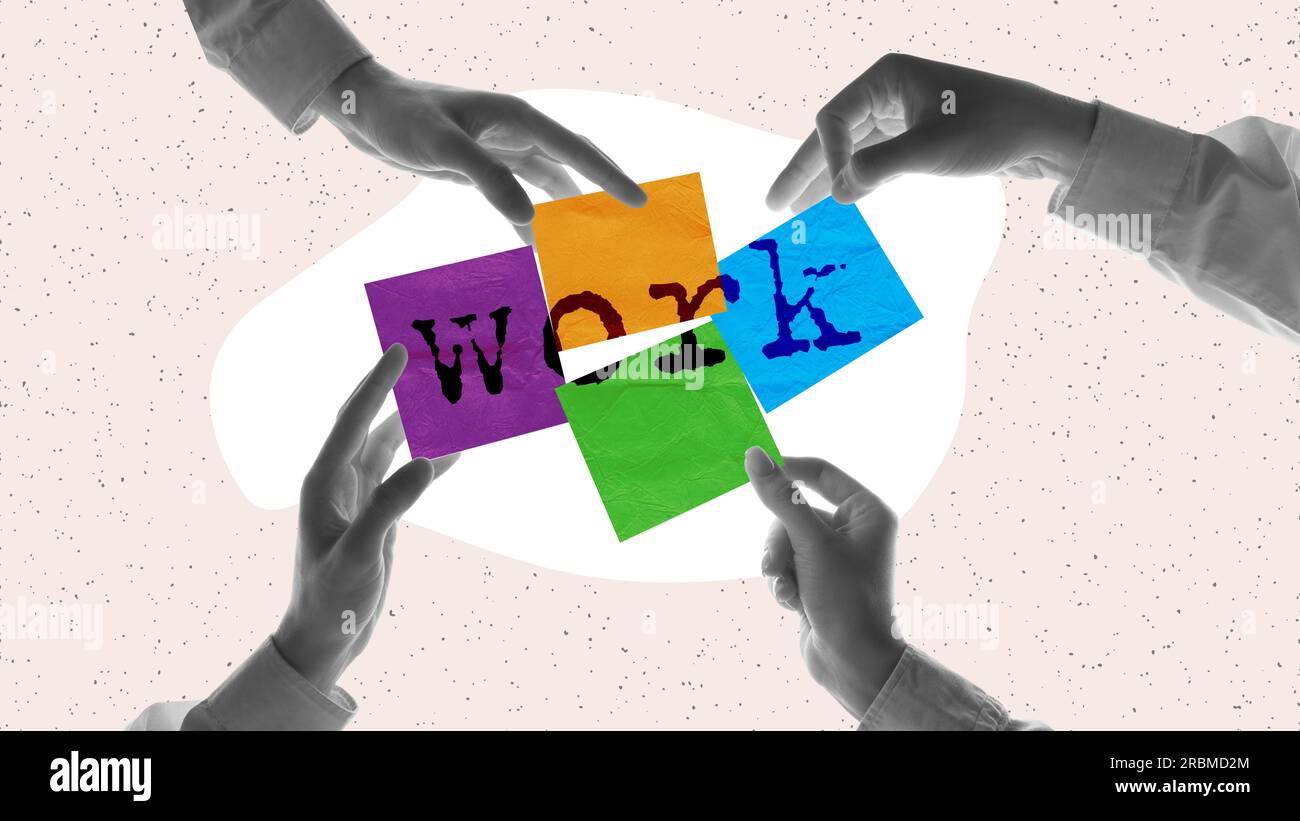 Contemporary art collage. Human hand connecting puzzles and creating ...