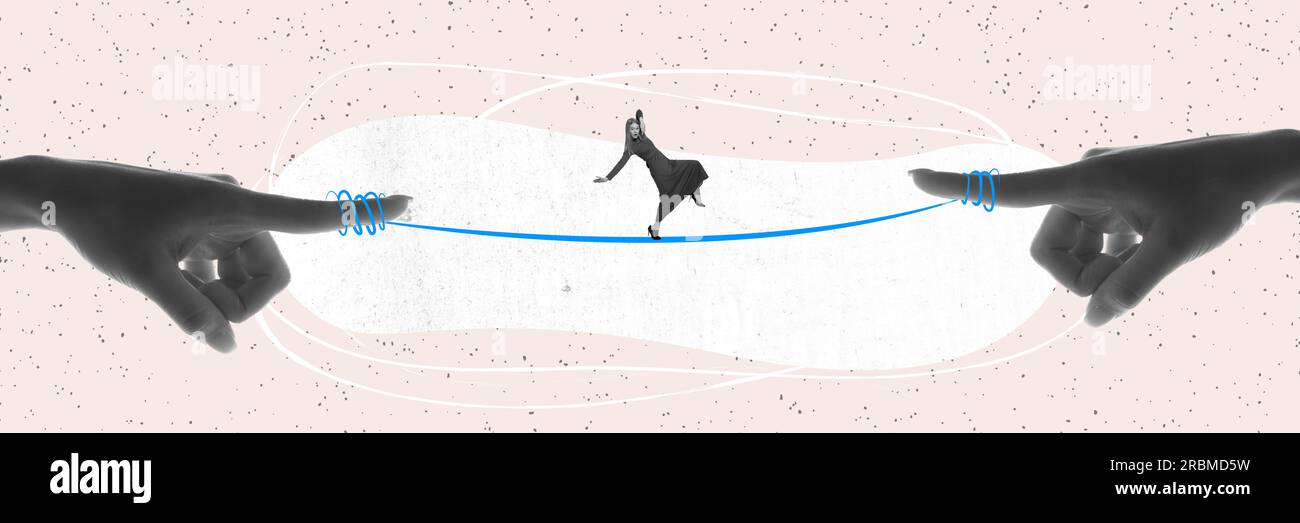 Contemporary art collage. Young woman, employee walking on string ...