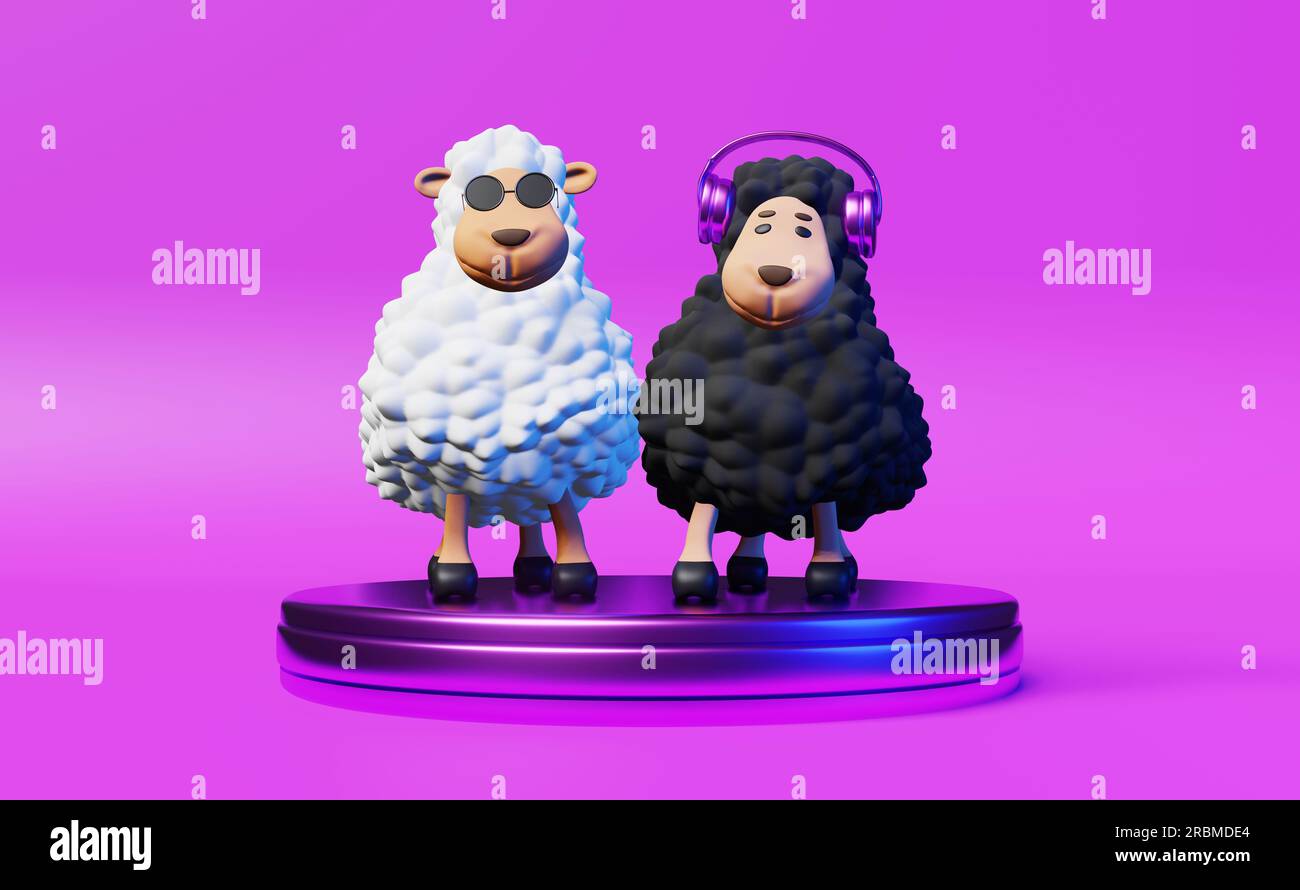 Two cool DJ sheep friends rhythmically dance playing music 3d render ...