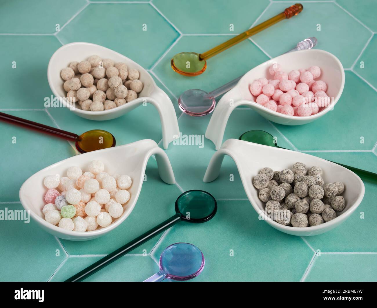 Raw, uncooked tapioca balls with different flavors, also known as boba ...