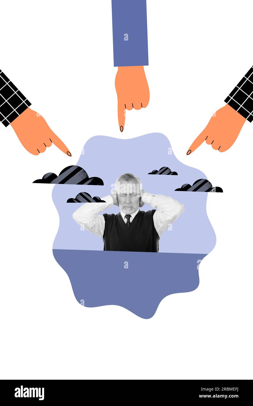 Collage illustration fingers pointing mature age businessman formalwear ...