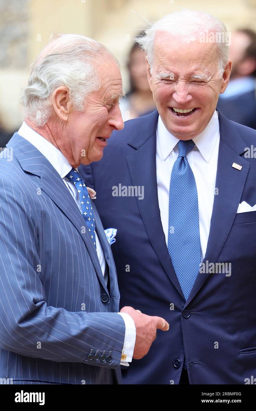 King Charles III and US President Joe Biden in the quadrangle at Windsor Castle, Berkshire ...