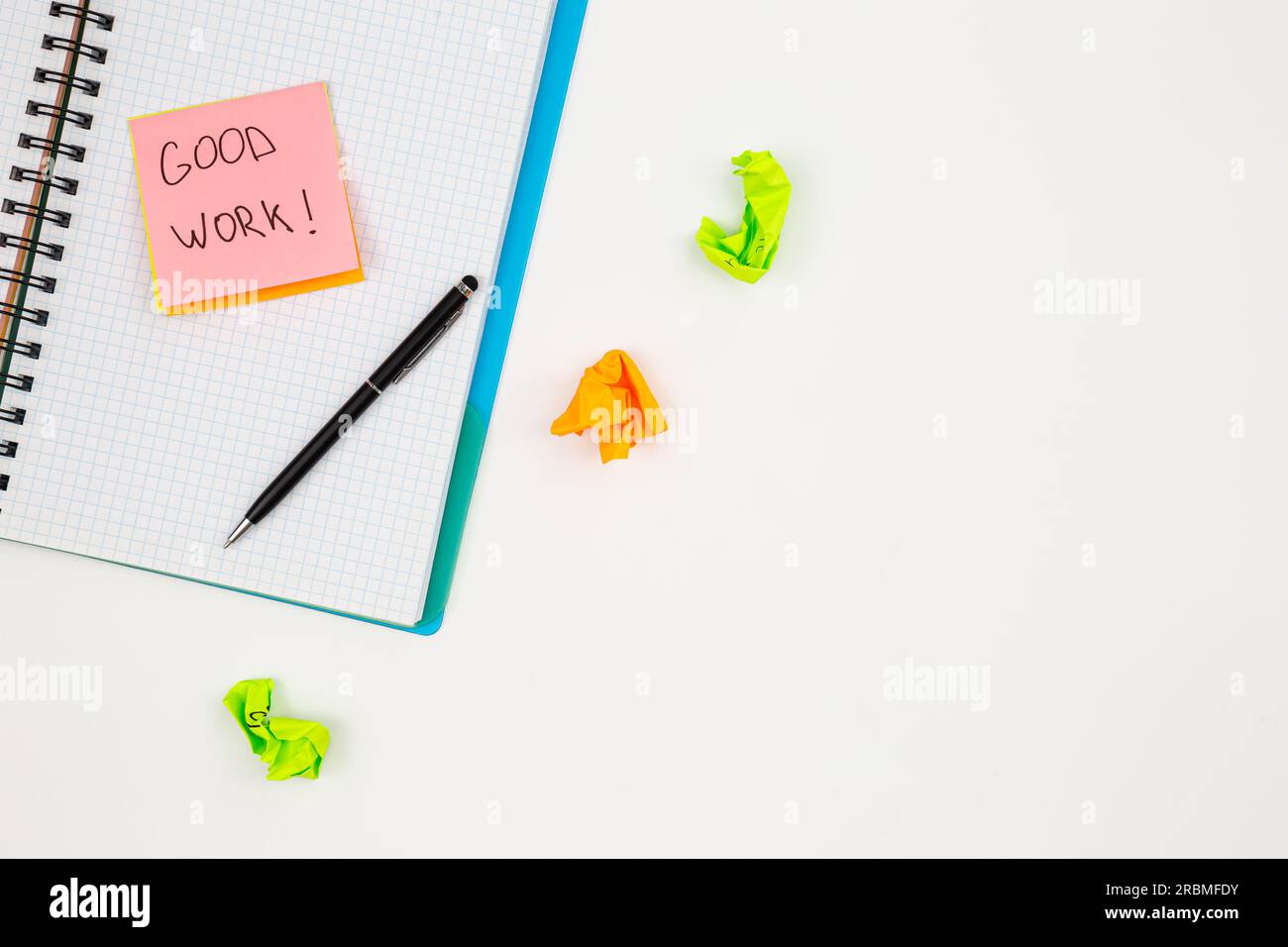 Notebook, pen and paper colored reminders on a white background Stock ...