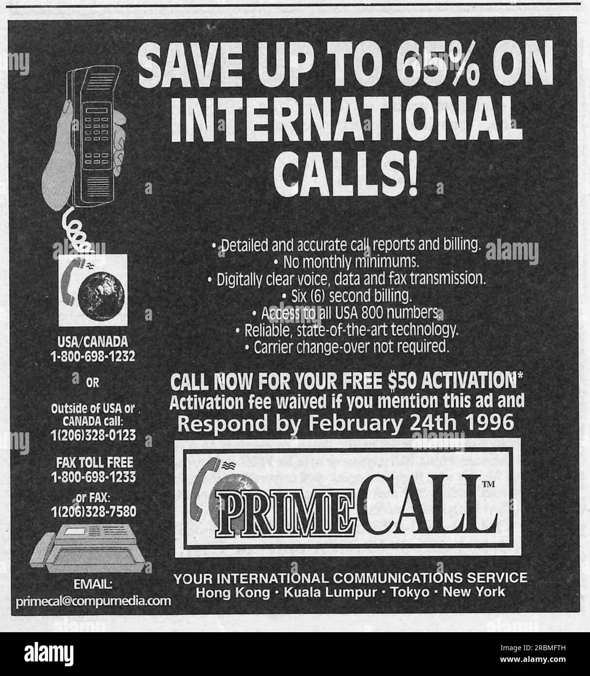Prime Call international calls service advert in a magazine 1996 Stock ...