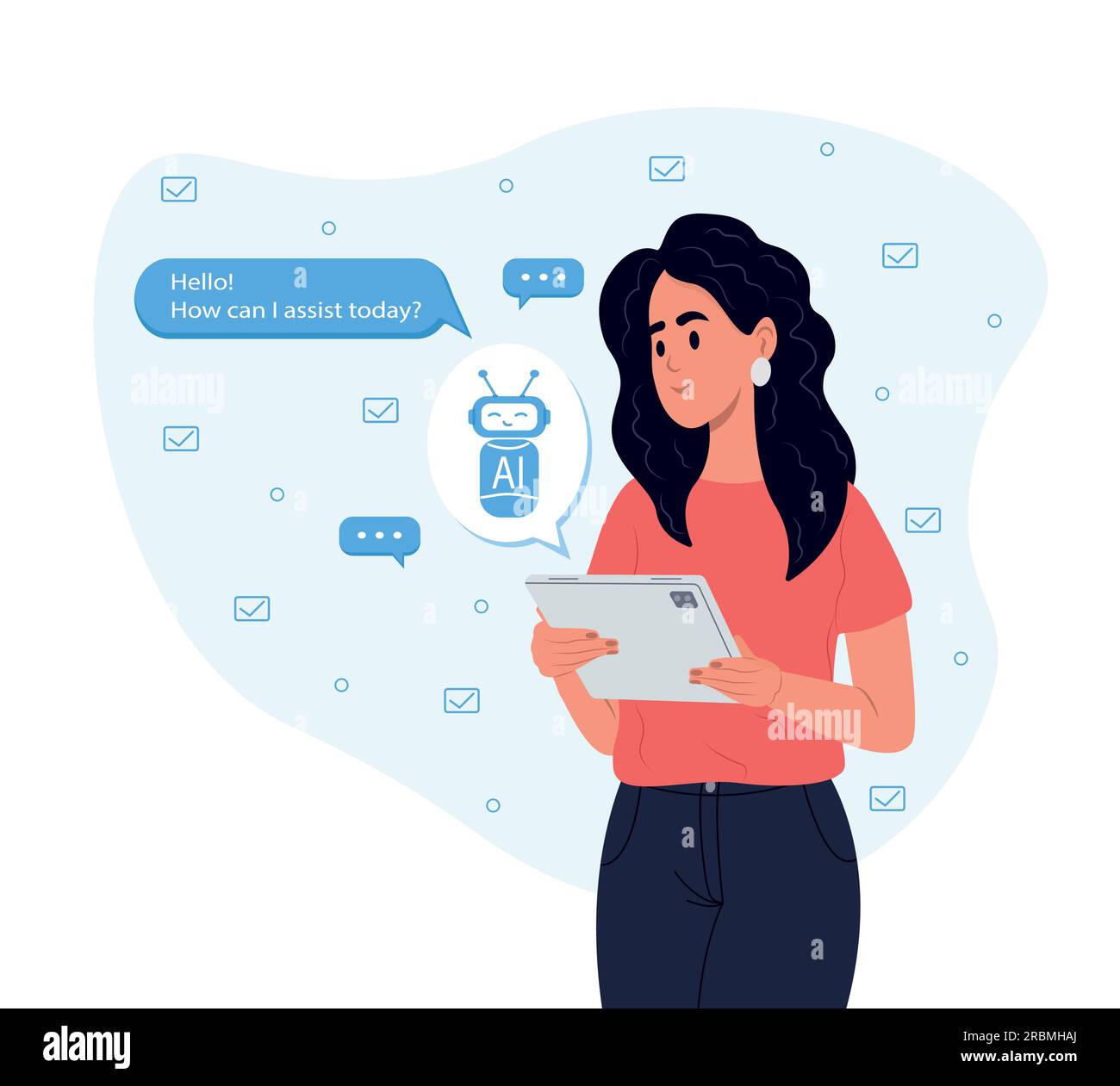 AI chat concept, artificial intelligence. Business lady uses the ...