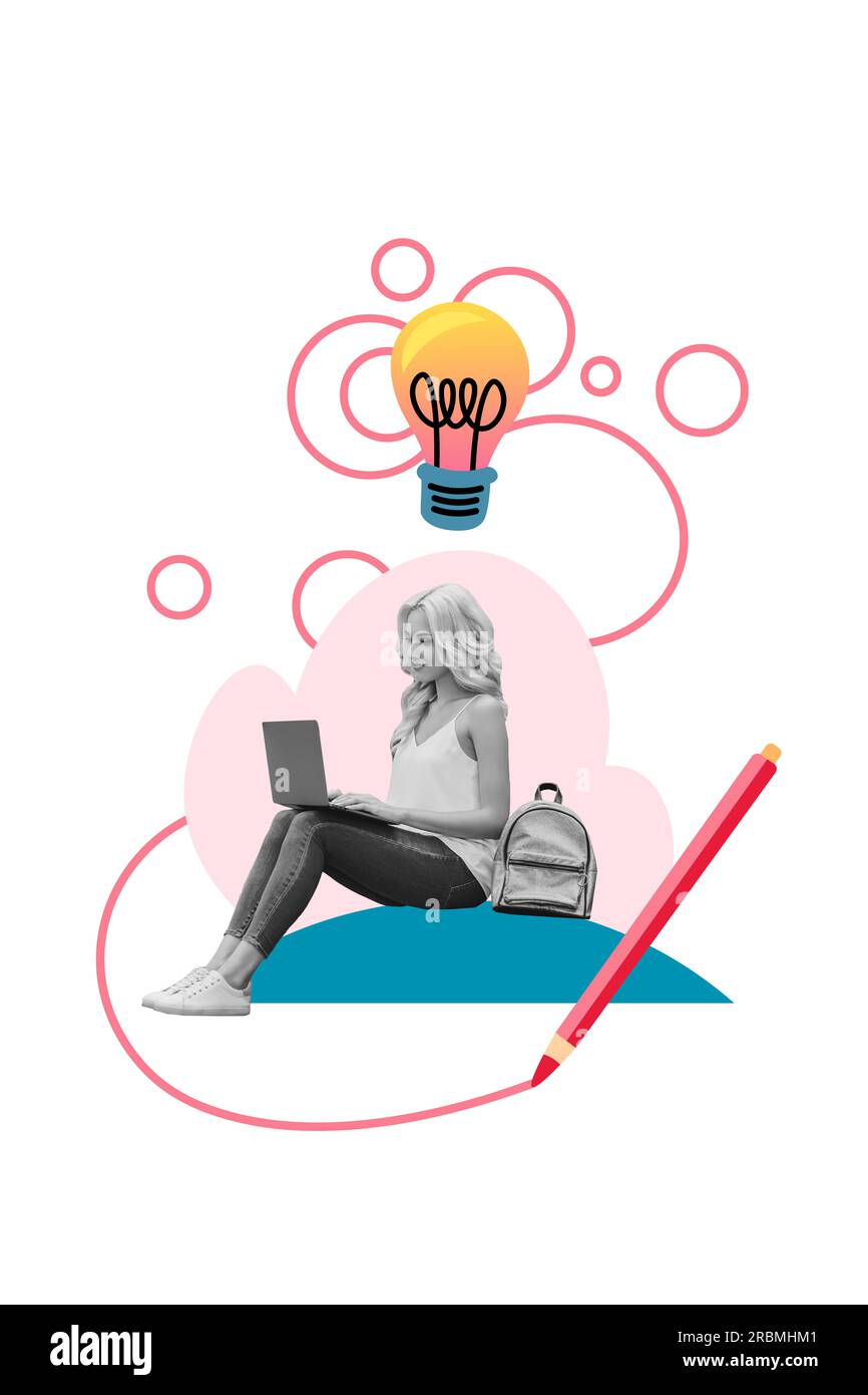 Collage illustration of young worker woman studying remote idea logic ...