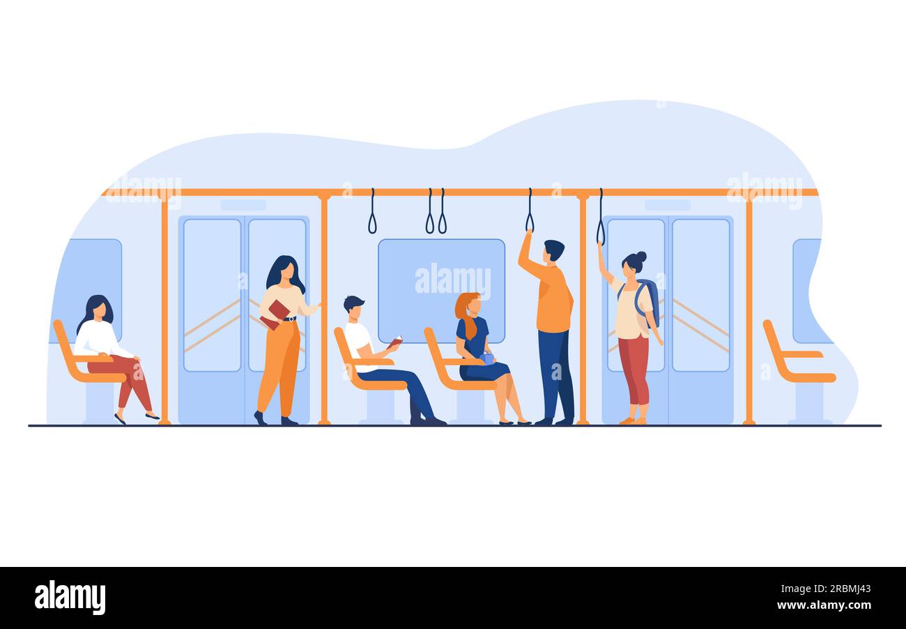 People standing and sitting in bus or metro train Stock Vector Image ...