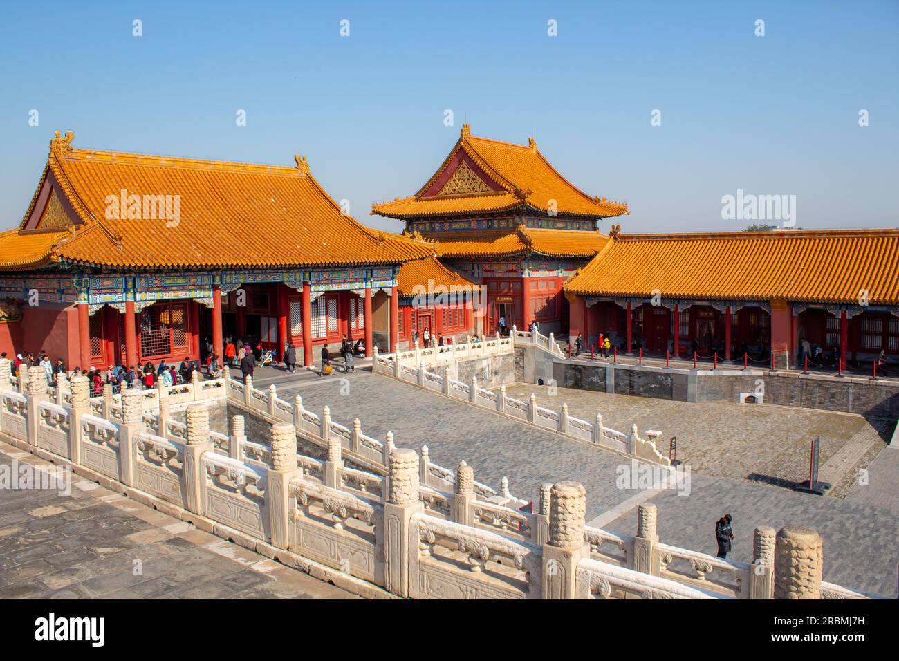 Ancient roof structures captured in Beijing's Forbidden City, blue sky ...