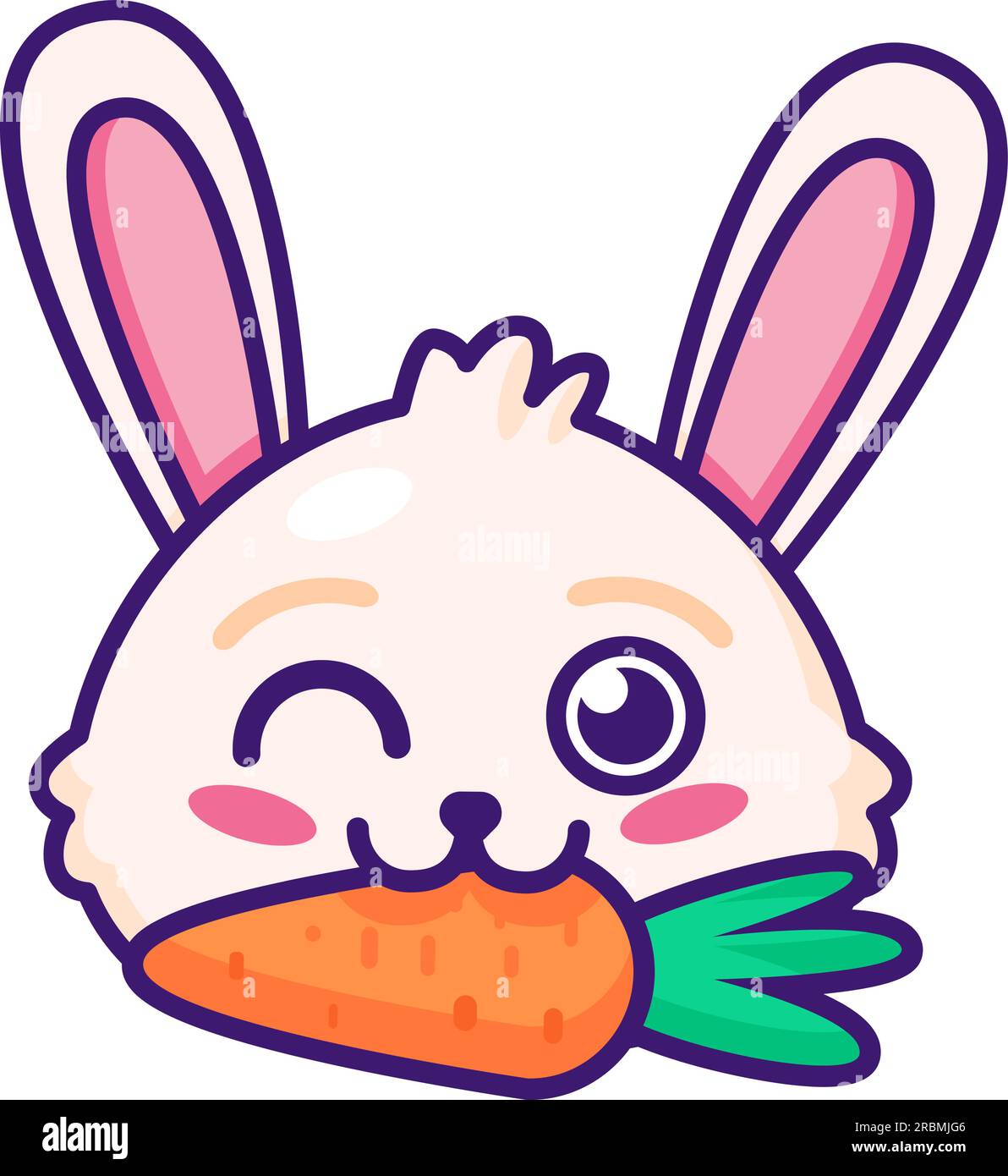 Cute small fluffy eared hare rabbit nibbles juicy orange carrot. Symbol ...