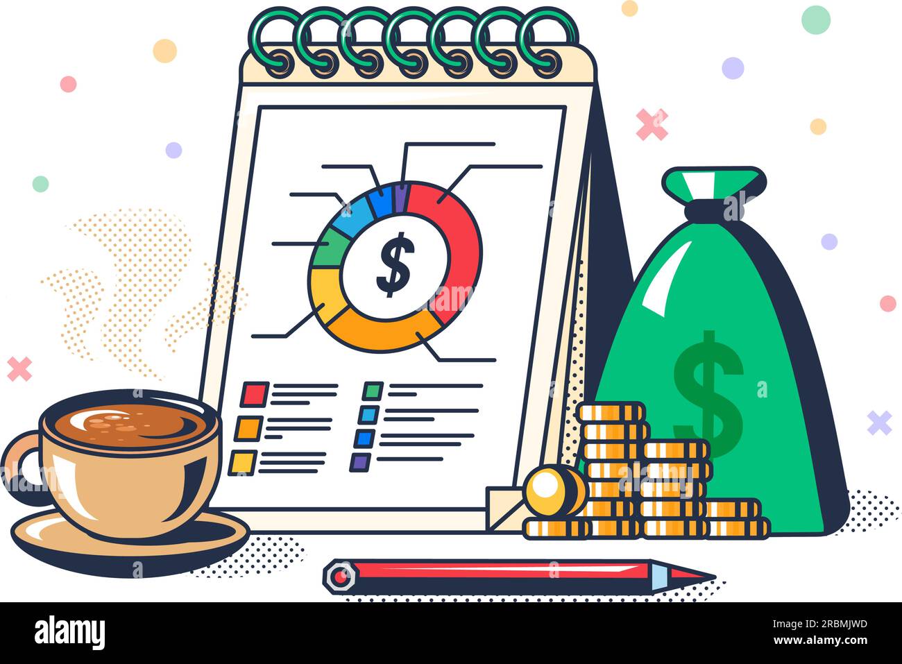 Bag of gold coins, business analysis chart and mug of strong coffee on ...