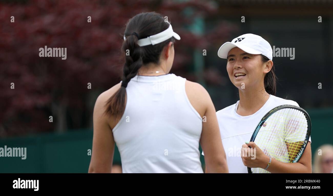 London, Britain. 10th July, 2023. Zhu Lin/Wu Fang-Hsien (R) encourage ...