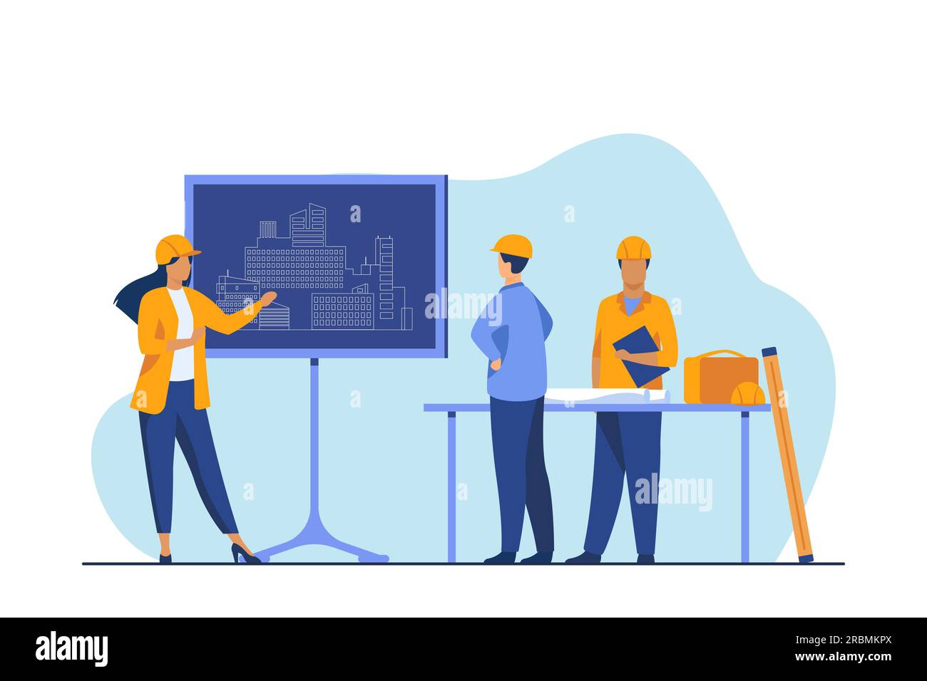 Female engineer standing near chalkboard explaining project Stock ...