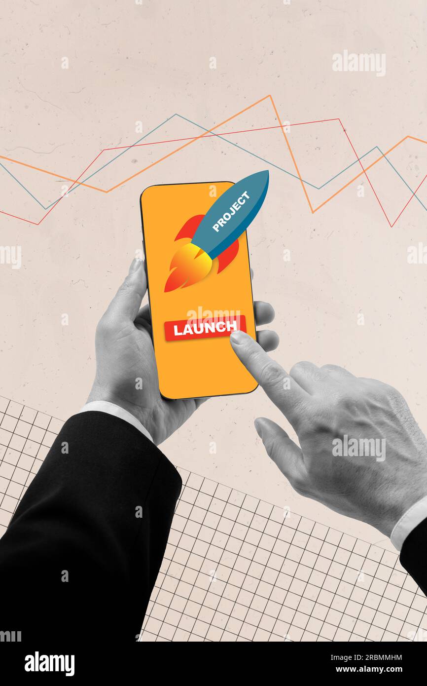 Vertical creative composite photo collage of hands hold smartphone ...