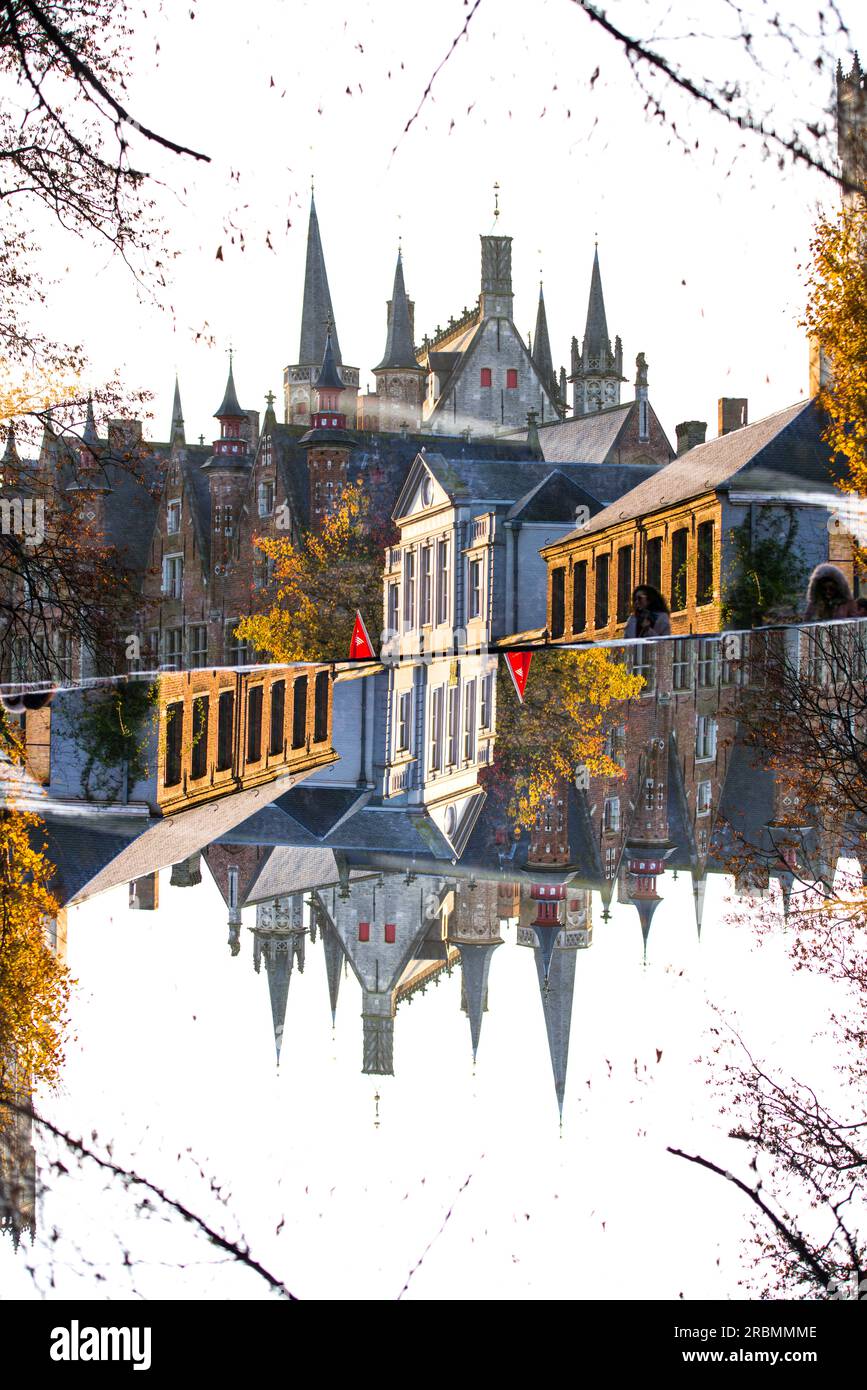 Fairy tale image of the rooftops and spires in medieval Bruges as seen ...