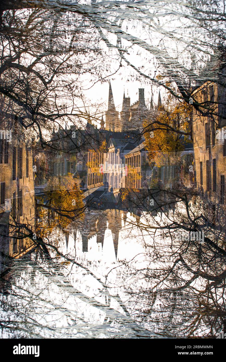Fairy tale image of the rooftops and spires in medieval Bruges as seen ...