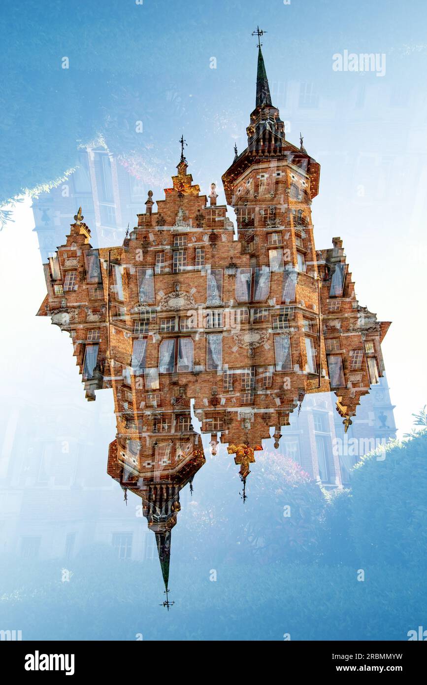 Double exposure of a stepped gable house with tower in Bruges, Belgium ...