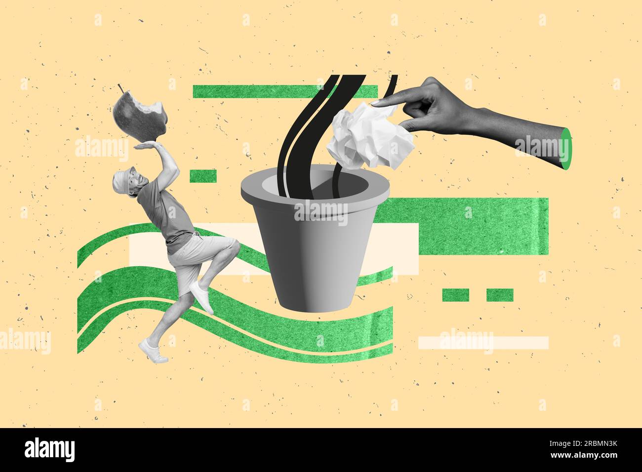 Photo illustration collage of young guy volunteer throwing food trash ...