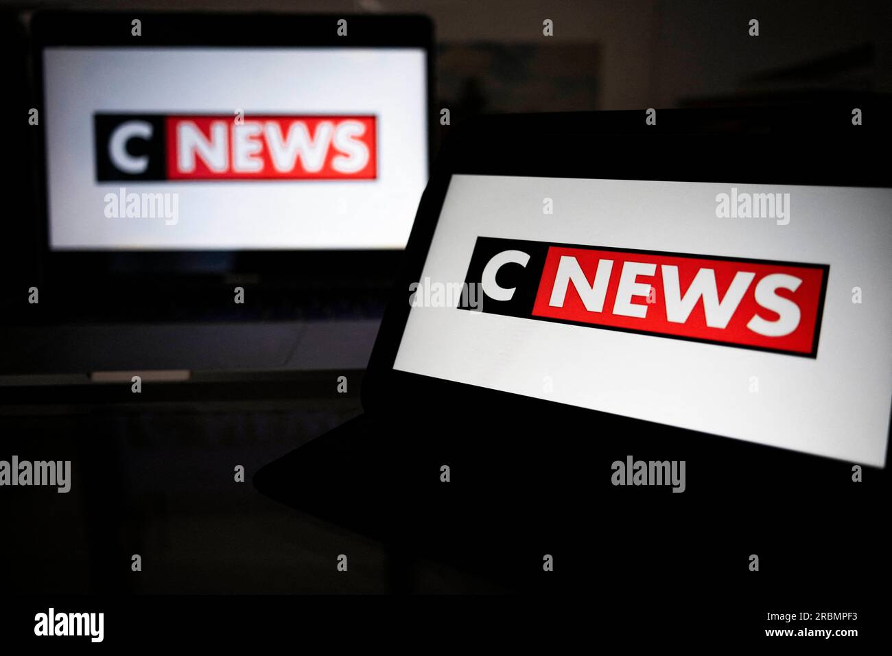 Paris, France. 10th July, 2023. This pictures shows CNEWS logo french Far-right TV Channel in ...