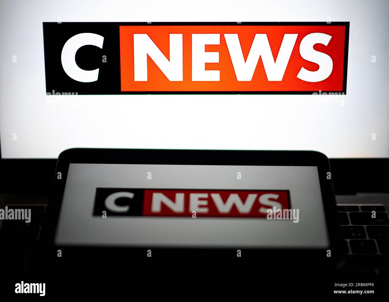 Paris, France. 10th July, 2023. This pictures shows CNEWS logo french Far-right TV Channel in ...