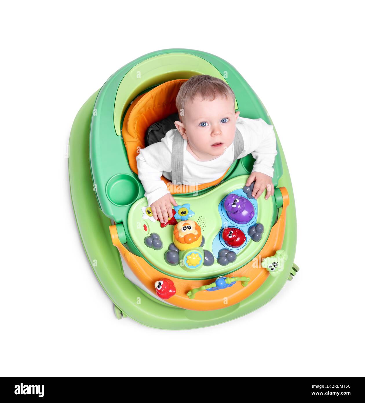 Cute little boy in baby walker on white background, above view Stock ...