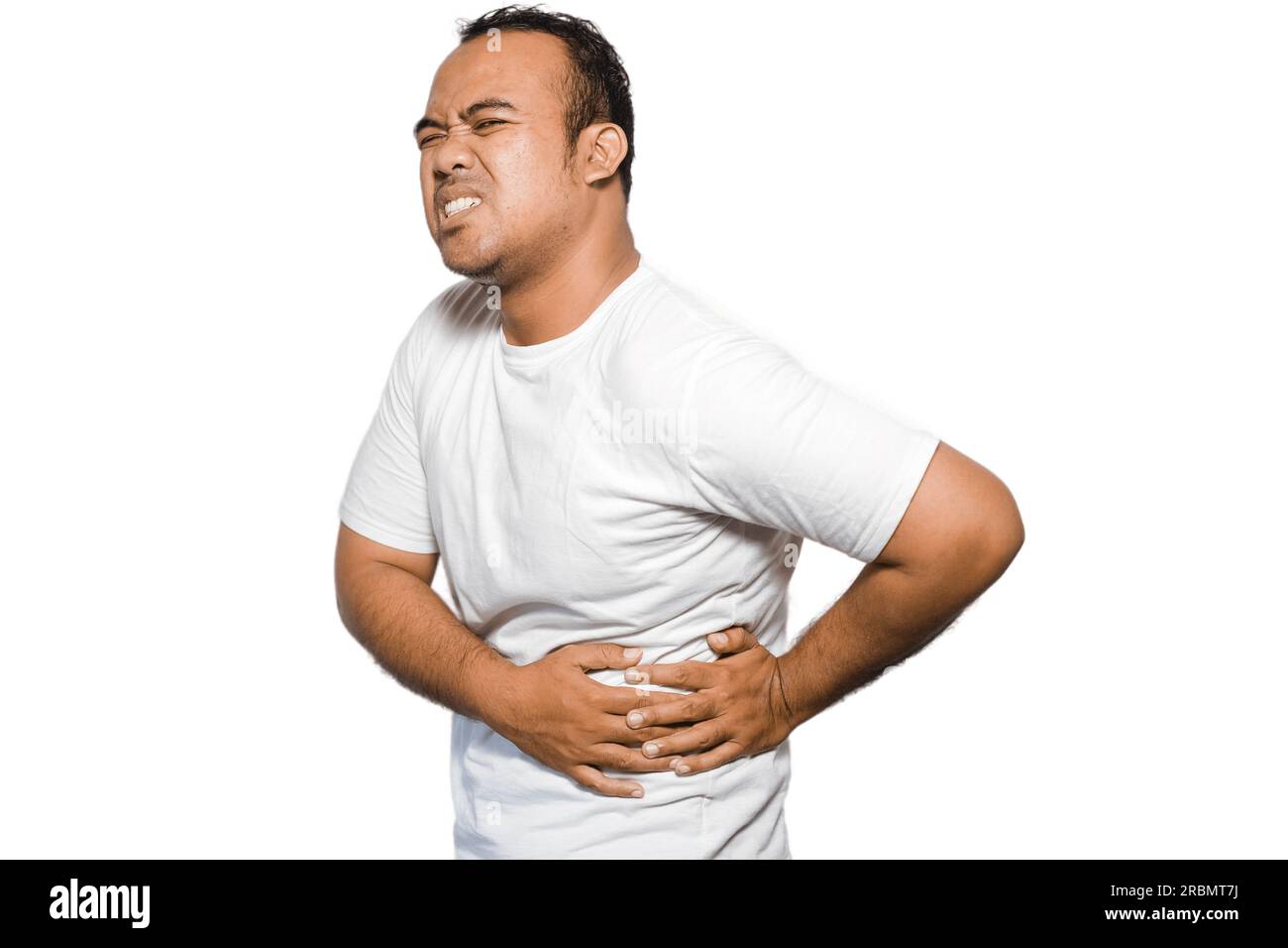 Photo of young unwell sick ill man with t-shirt hold hand on stomach ...