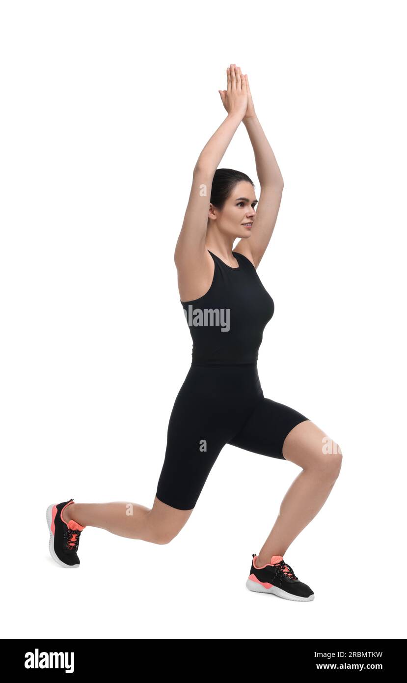 Woman doing morning exercise on white background Stock Photo - Alamy